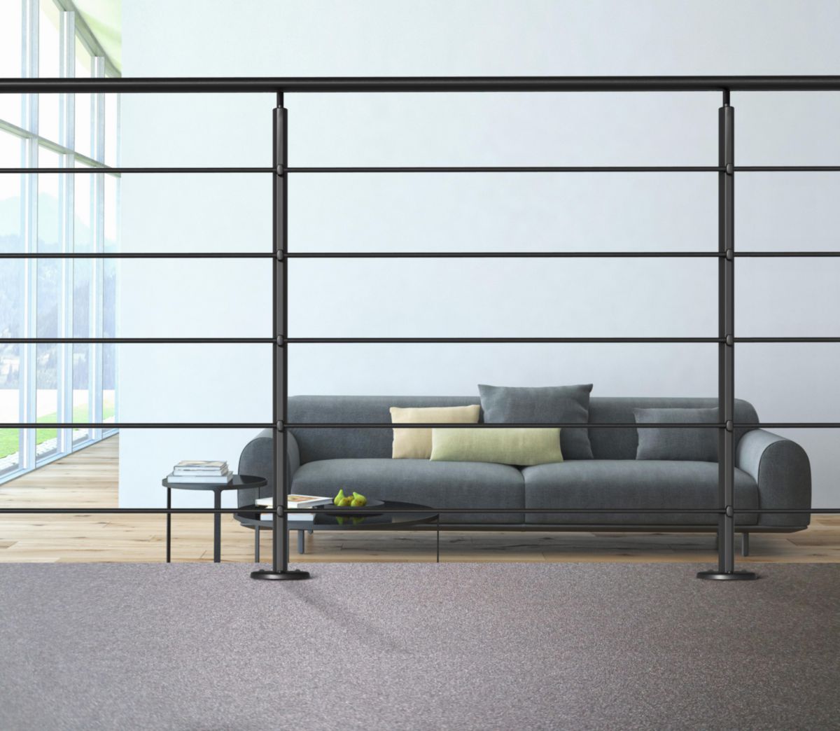 KORDO - Garde-corps Prestio - pack fixation à plat - aluminium thermolaqué noir - L. 200,6 cm ...