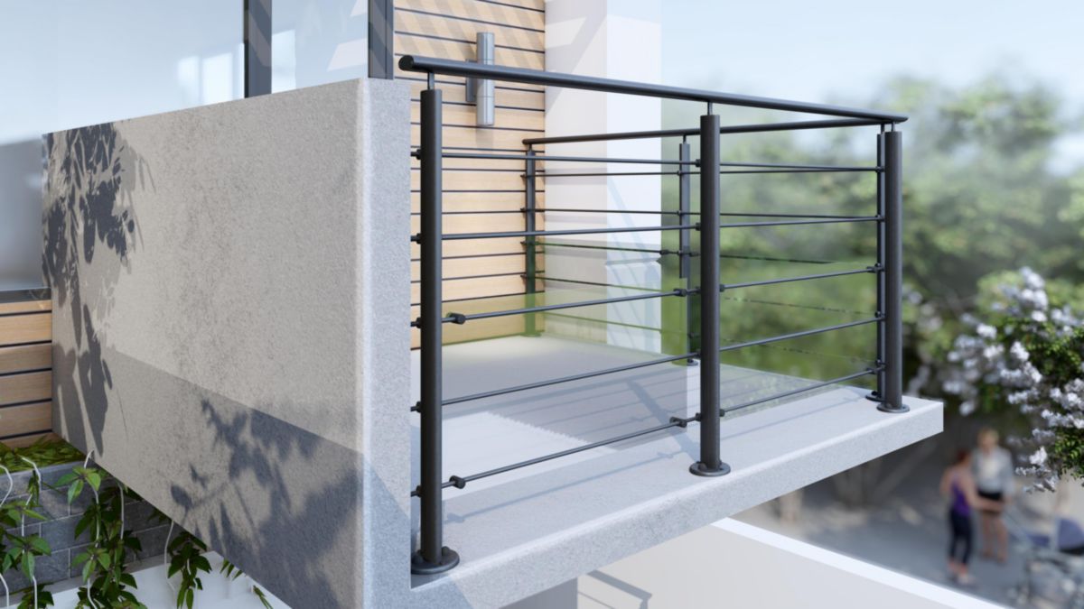 KORDO - Garde-corps Prestio - pack fixation à plat - aluminium thermolaqué noir - L. 200,6 cm ...