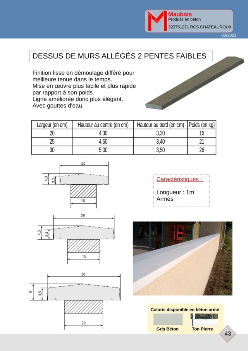 MAUBOIS - Chaperon de mur 2 pentes 20 allégé gris 100x30cm