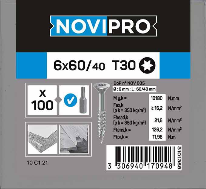 NOVIPRO - Vis bois Torx - Ø 6x60/40 mm - boîte de 100 pcs | Point.P