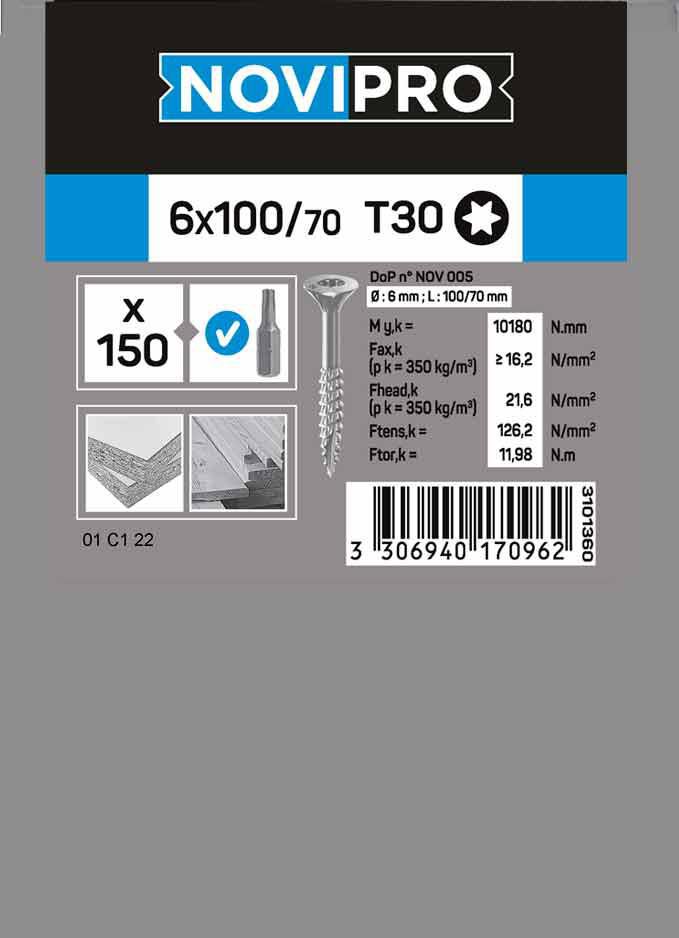 NOVIPRO - Vis bois Torx - Ø 6x100/70 mm - boîte de 150 pcs | Point.P