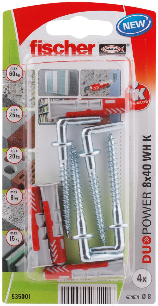 FISCHER - Chevilles Duopower 8 x 40, en blister de 4 + crochet angle ...