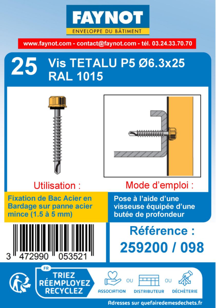 FAYNOT - Vis Têtalu P5 autoperceuse 6,3 x 25 mm ral1015 Blister de 25 Réf.259200-098 | POINT.P