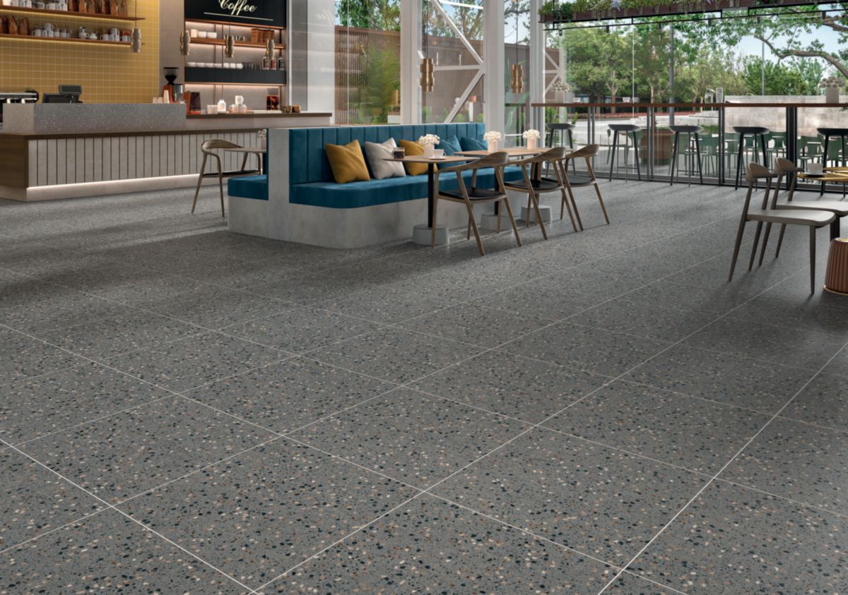 GRESPOR - Carrelage sol intérieur grès cérame Terrazzo - anthracite adouci rectifié - 59,7x59,7 ...
