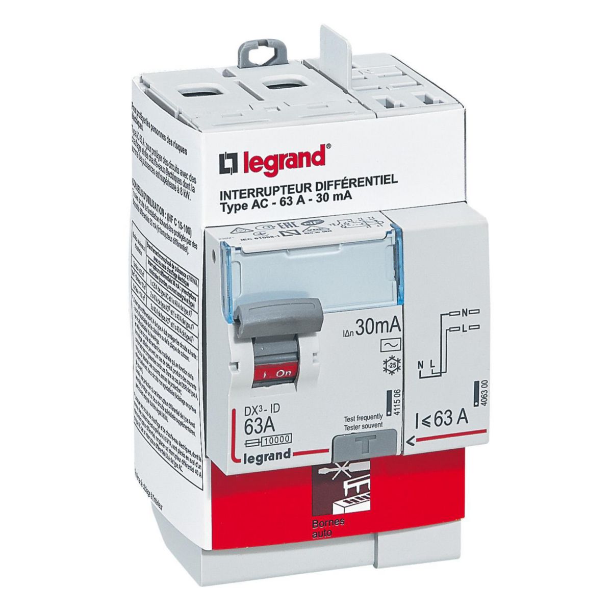 LEGRAND - Interrupteur differentiel bipolaire - type AC 30mA arrivée haut/départ haut 63 A ...