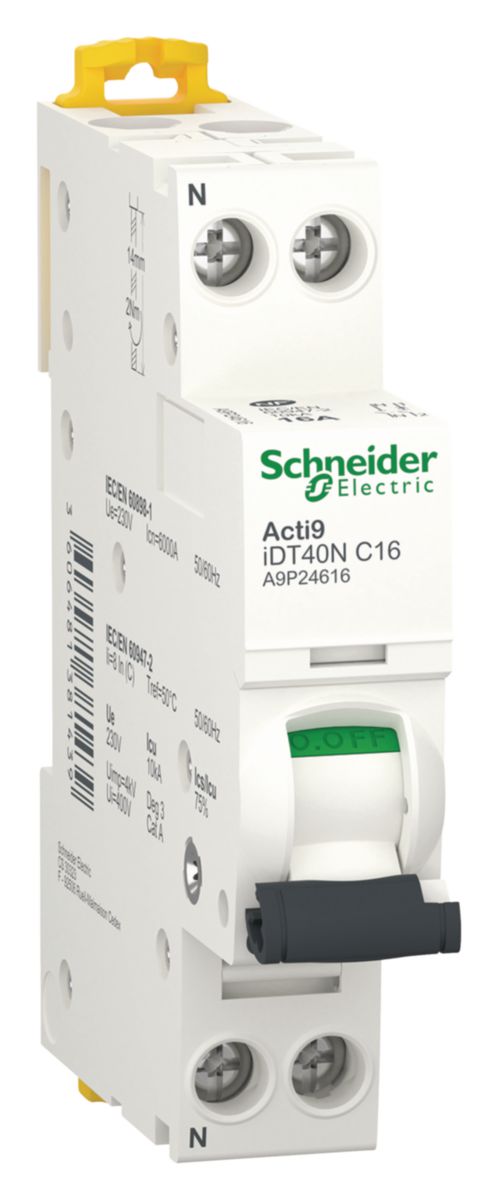 SCHNEIDER ELECTRIC - Disjoncteur modulaire Acti9 iDT40N - 1P+N C - 16 A - 6000 A / 10 kA | POINT.P
