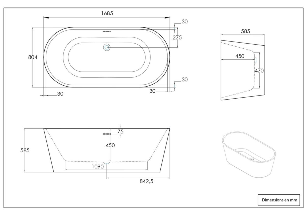 ALTERNA - Baignoire îlot Daily O2 - acrylique blanc - 170x80 cm | POINT.P