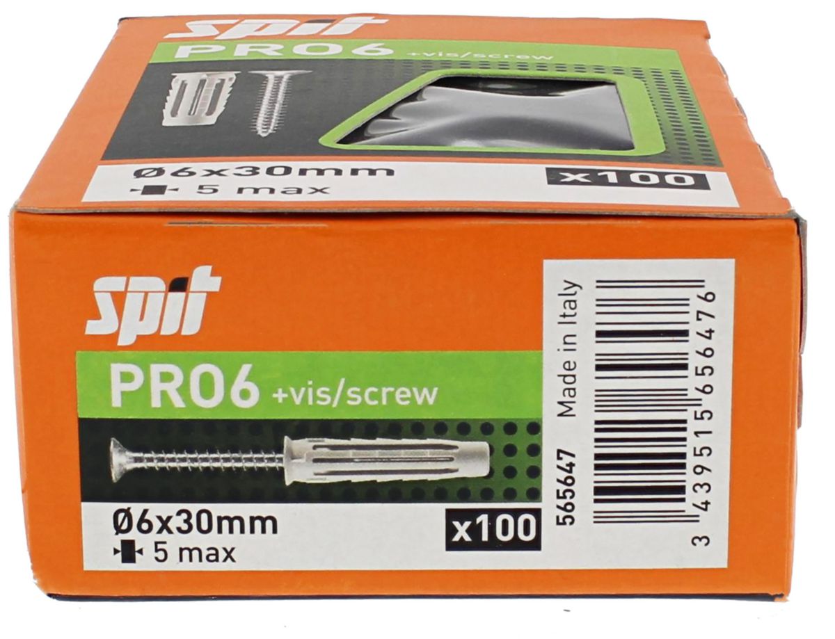 SPIT - Cheville Nylon multimatériaux PRO6 6x30 avec vis boîte de 100 ...