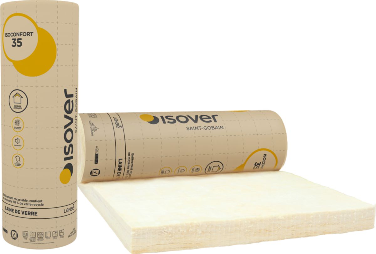 ISOVER - Laine de verre revêtue kraft Isoconfort 35 300 2,0x1,2m R=8,55 m².k/w ACERMI 05/018/408 ...
